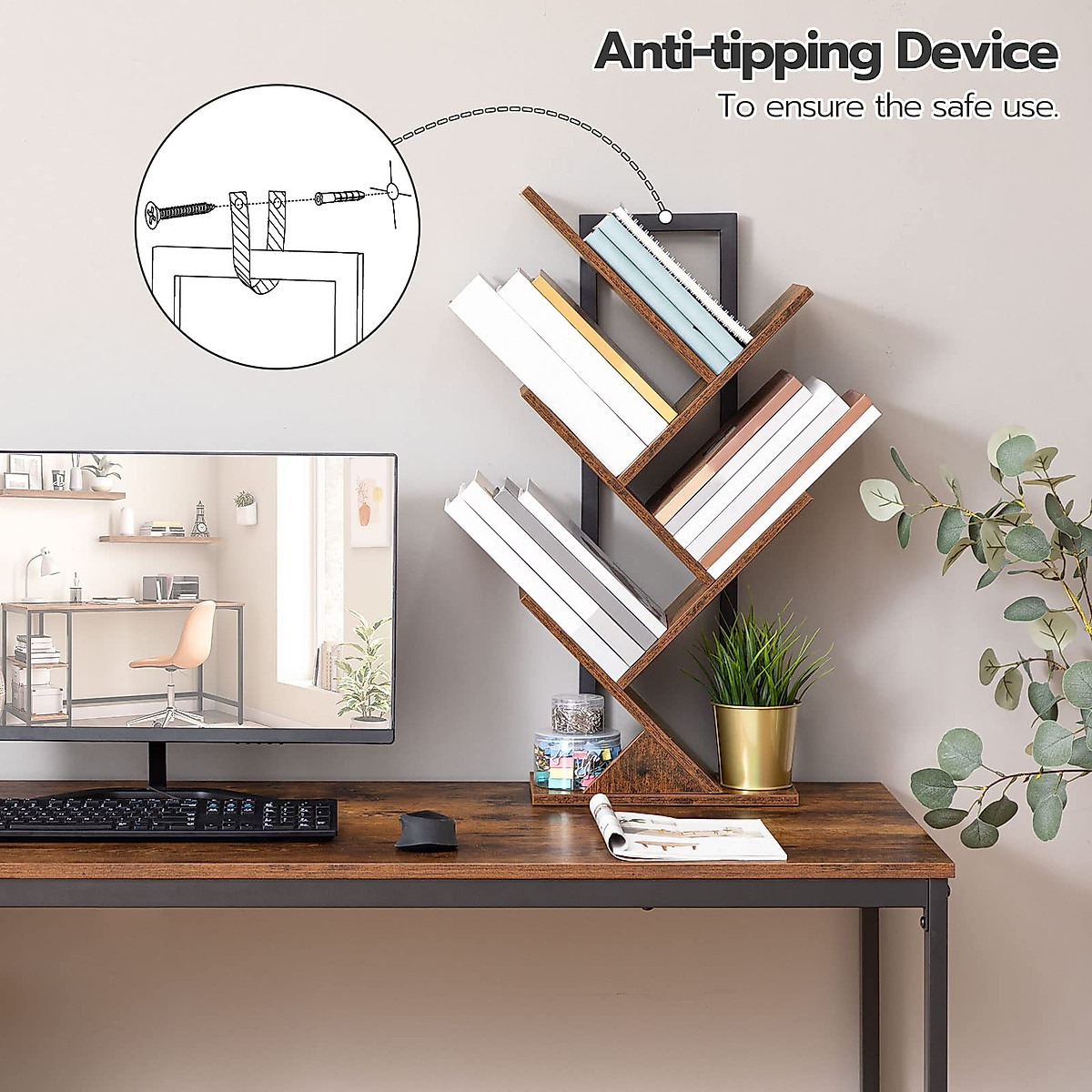 HOOBRO Tree Bookshelf, 5-Tier Bookcase Wooden Shelves, Floor Standing Storage Rack, for Display of CDs, Books in Living Room, Home Office, Wood Storage Rack for Bedroom, Rustic Brown BF04SJ01G1