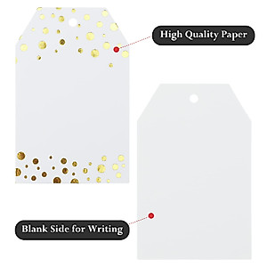 G2PLUS Foil Gold Dots Gift Tags,50Pcs White Paper HangTags with String,Metallic Gold Dots Present Tags Personalized Blank Labels for Wedding,Gift Wrapping,Birthday,Party Favors（3.34"×2.16"