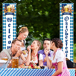 Oktoberfest Welcome Banner Decorations, Blue and White Bavarian Flag Check Welcome Porch Sign Banner, Welcome Oktoberfest Door Banner Decorations for German Oktoberfest Beer Festival Party Supplies