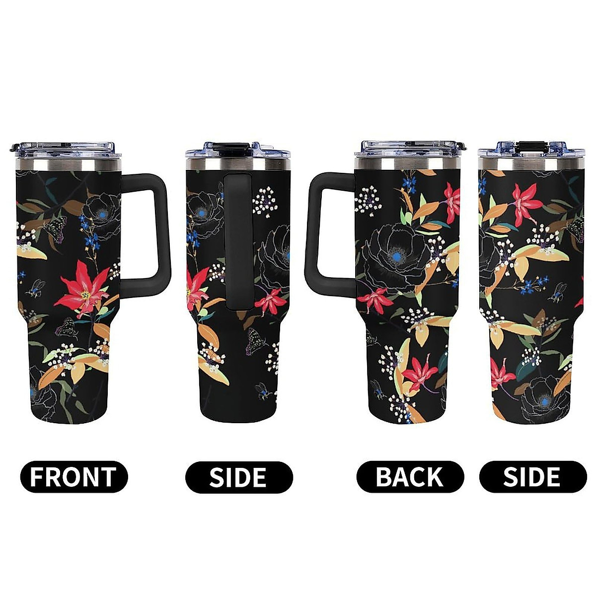 40oz Insulated Tumbler with Handle & Straw Stainless Steel Vacuum Sealed Water Bottle Leakproof Travel Mug for Car, Outdoor & Home BPA-Free Double Wall Cold Hot Beverage Thermos Flower
