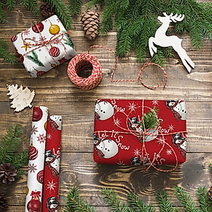 Horaldaily 19.7 x 27.5 Inch Christmas Wrapping Paper(12 Sheets: 42.5 sq. ft. ttl.), Red Christmas Trees Ball Ornaments Snowman Snow Disposable Wrapping Paper for Party DIY Crafts Gift Decor