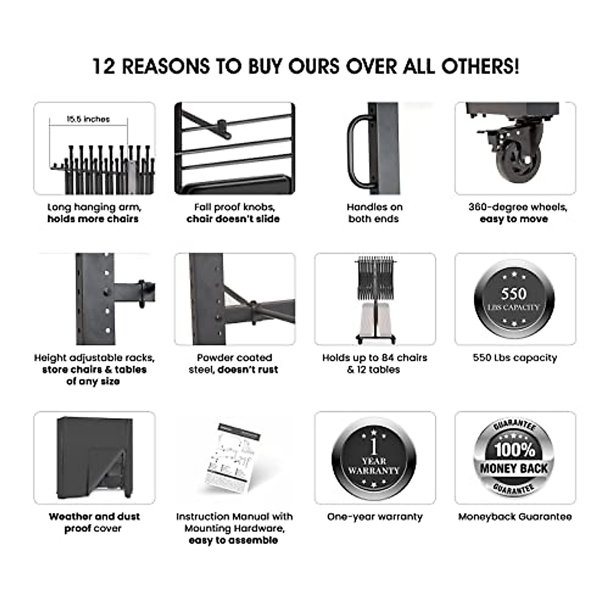 Folding Chair Rack Folding Chair Cart with Capacity 84 Folding Chair Storage Rack 360° Rubber Locking Wheels Weatherproof Cover Mobile Chair Dolly for Stackable Chairs Folding Tables and Chairs
