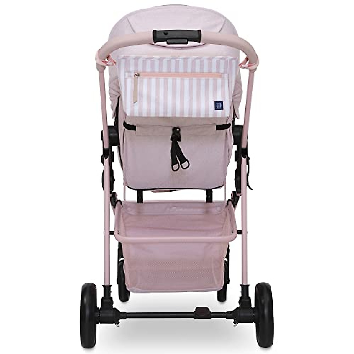 babyGap by Delta Children 2-in-1 Carriage Stroller - Greenguard Gold Certified - Car Seat Compatible, One-Handed Fold, Lightweight & Oversized Canopy - Made with Sustainable Materials, Pink Stripes