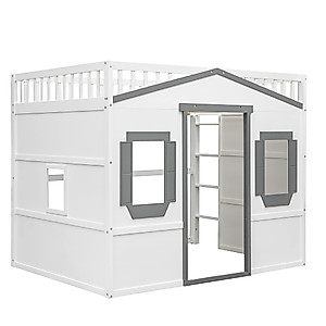 Full Size House Loft Beds Wood Loft Bed Frame with Window and Wall Fun Playhouse Bed with Ladder for Kids Boys Girls Teens, White with Gray