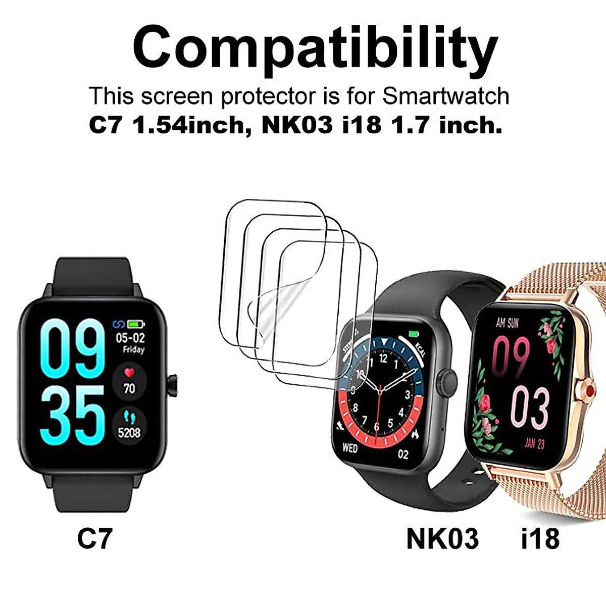 smaate Screen Protector Compatible with Iaret i18 1.7”, HAFURY C7 1.54 inches and Kimnix NK03 1.72” Smartwatch, 4-Pack, TPU Soft, Bubble Self-healing