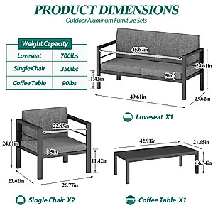 GARTOO Outdoor Aluminum Furniture Set - 4 Pieces Modern Patio Conversation Sofa Sets with Upgraded Removable Cushion, Outside Sectional Sofas Sets with Coffee Table for Balcony, Backyard, Poolside