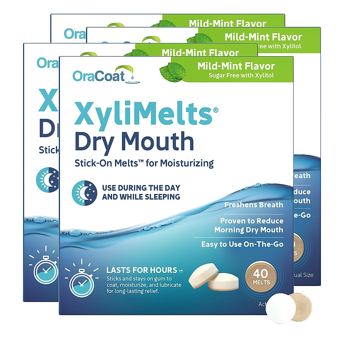OraCoat XyliMelts Dry Mouth Relief Moisturizing Oral Adhering Discs 40 Count, 4 Pack, Mild Mint with Xylitol, for Dry Mouth, Stimulates Saliva