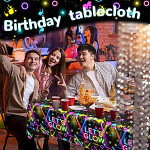 HAKOTI 3Pack Glow Tablecloth,Glow Party Supplies Neon Glow Birthday Rectangle Table Cover Let's Glow Tablecloth for Glow in The Dark,Let's Glow Party Decoration