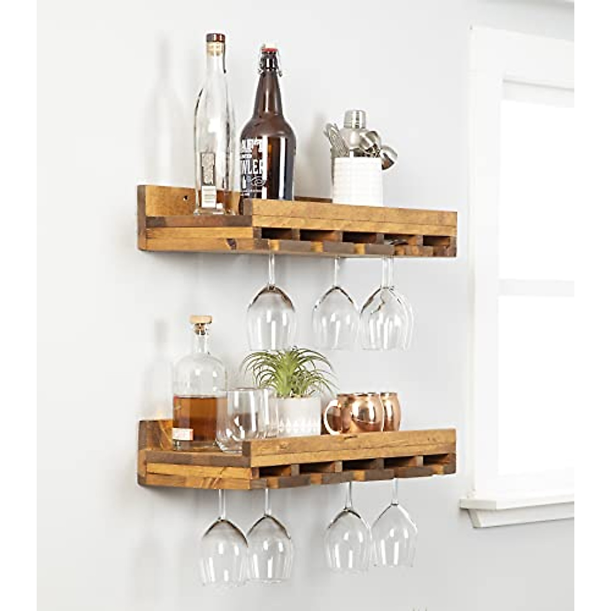 del Hutson Designs Rustic Luxe 24 Inch Farmhouse Solid Pine Wood Wall Mount Wine Bottle Stemware Rack Display Shelf, Set of 2, Walnut