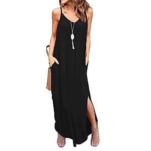 GRECERELLE Women's Summer Casual Loose Dress Beach Cover Up Long Cami Maxi Dress with Pocket Black-X-Large