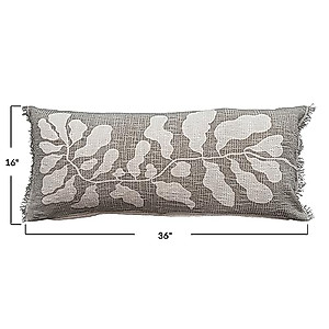 Bloomingville Cotton Botanical Print and Fringe, Grey Lumbar Pillow, Tan