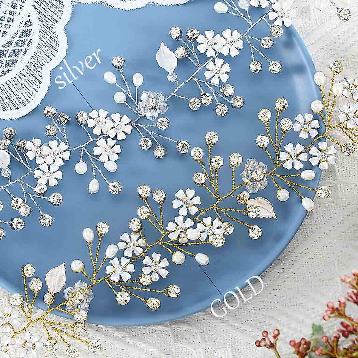 Unsutuo Flower Bride Wedding Headbands Silver Crystal Bridal Headpieces Leaves Hair Vine for Women and Girls (Silver)