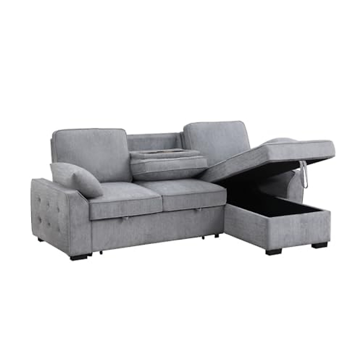 Lilola Home Mackenzie Light Gray Chenille Fabric Sleeper Sectional with Right-Facing Storage Chaise, Drop-Down Table, Cup Holders and Charging Ports