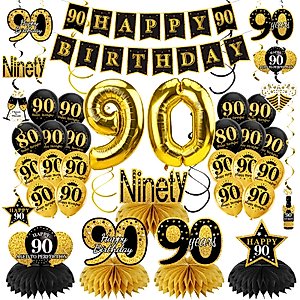 Turypaty 36Pcs 90th Birthday Decorations Kit for Men Women, Black Gold Happy 90 Birthday Banner Balloons Honeycomb Centerpiece Hanging Swirl Party Supplies, Ninety Year Old Bday Table Topper Decor