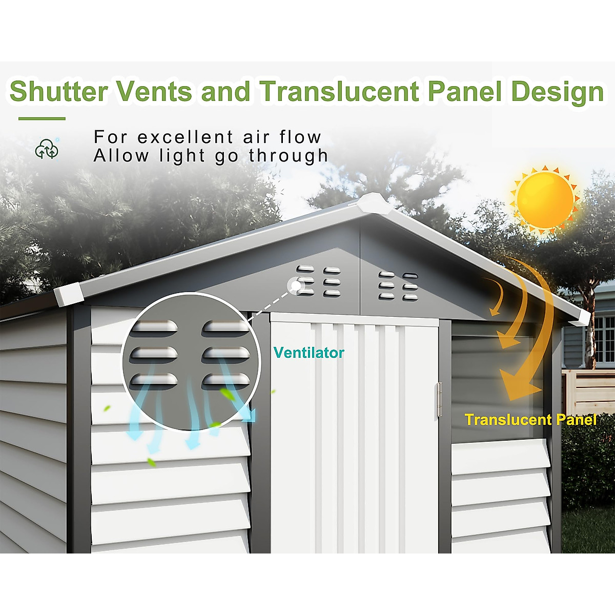 VanAcc 6.5x9x7 FT Outdoor Storage Shed with Shutter Design, Metal Garden Shed with Lockable Doors and Vents, Tool Storage Shed for Backyard, Patio, Lawn, White & Charcoal Gray