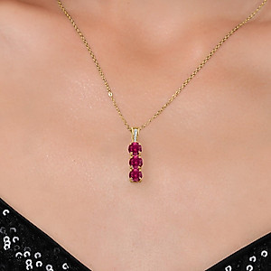 Gem Stone King Red Created Ruby and Diamond 18K Yellow Gold Plated Silver 3 Stone Pendant Necklace For Women (1.84 Cttw, Round 5MM, with 18 Inch Chain)