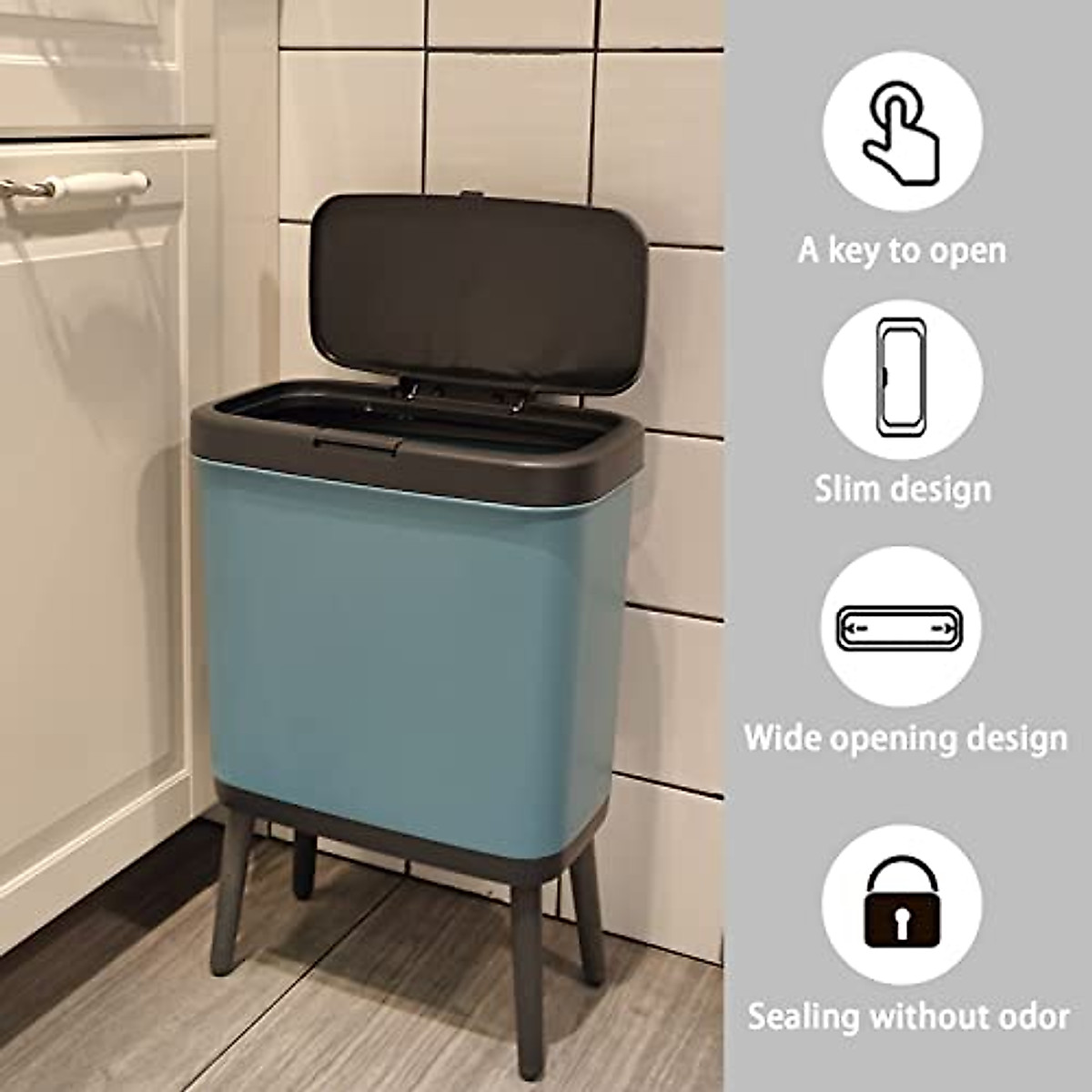 URALFA Slim Bathroom Trash Can with Lid, Narrow Garbage Can 4 Gallon Trash Can with Press Top Lid, Plastic Kitchen Trash Bin Dog Proof Trash Can for Bedroom, Toilet, Living Room, Office & RV, Blue