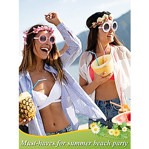 Dunzy 6 Pack Daisy Flower Sunglasses for Women Retro Hippie Round Glasses 70s Disco Groovy Sunglasses for Party Costume Accessories, 6 Colors