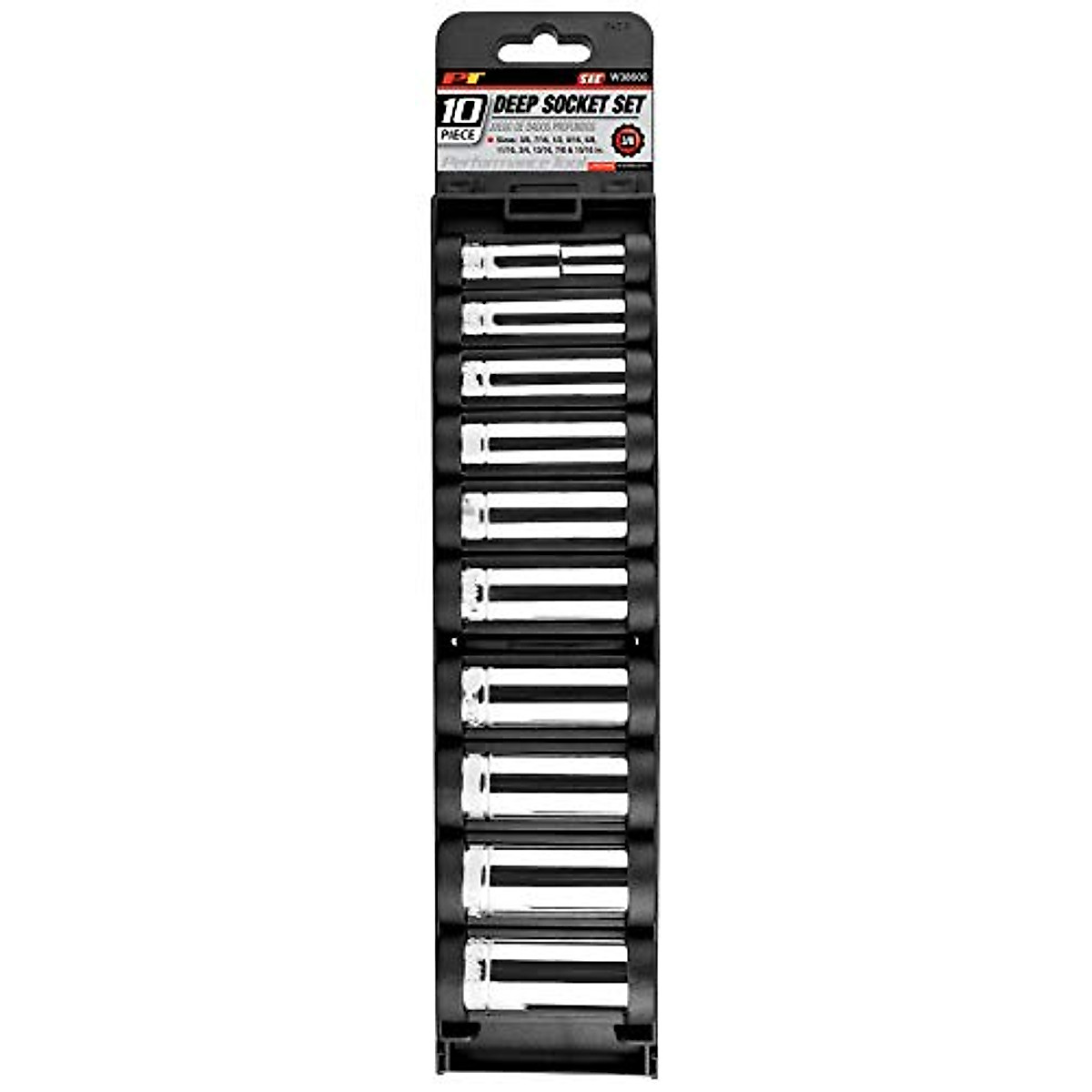 Performance Tool W38600 3/8-Inch Drive 12pt SAE Deep Wall Deep Socket Tool Set for Garages and Workshops, Chrome, 10 pieces