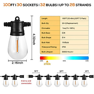 FMART LED Outdoor String Lights, 2*50FT(100FT Total) Hanging Lights Dimmable Commercial Grade UL ETL Listed Waterproof, 2X15 Sockets 1W 2700K Shatterproof Edison S14 Bulbs(2 Spare) Heavy Duty Lights