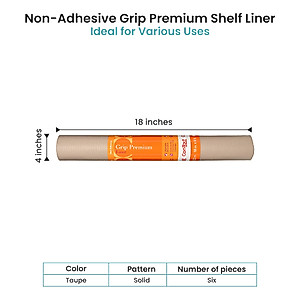Con-Tact Brand Grip Premium Solid Thick Non-Adhesive Shelf and Drawer Liner, 18" x 4', Taupe, 6 Rolls