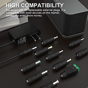 12V 2A AC Adapter Charger Replacement with 10 Tips, Regulated 12 Volts 2000mA Power Supply Cord for LED Strip Light, CCTV Camera, BT Speaker, GPS, Webcam, Router, DC12V Transformer (9.85ft)