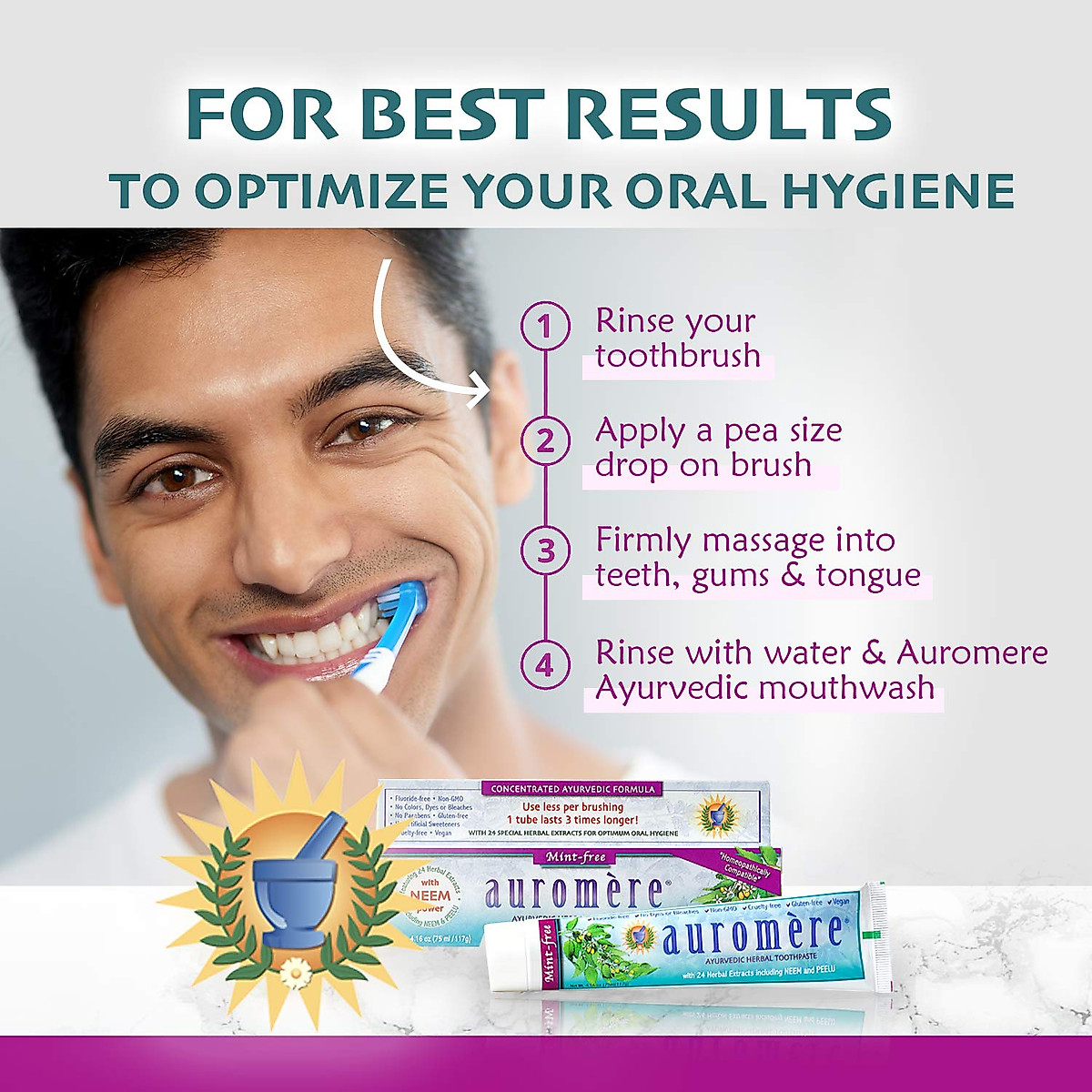 Auromere Ayurvedic Herbal Toothpaste, Mint Free - Vegan, Natural, Non GMO, Fluoride Free, Gluten Free, with Neem & Peelu (4.16 oz), 1 Pack