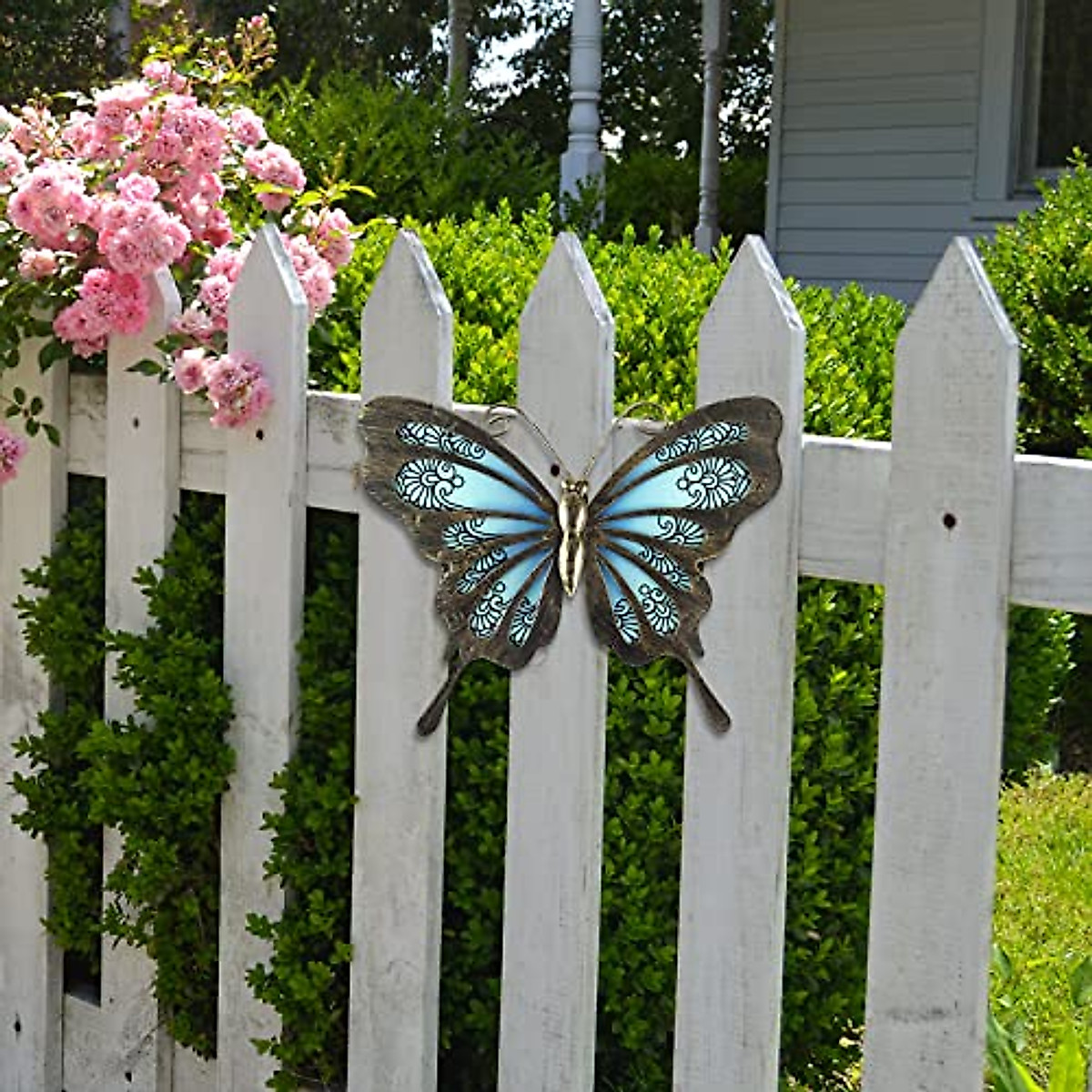 LIFFY Metal Butterfly Wall Decor - Outdoor Butterfly Wall Art - Glass & Metal Butterfly Decor for Outdoor Garden Fence Patio Butterfly Gifts for Women