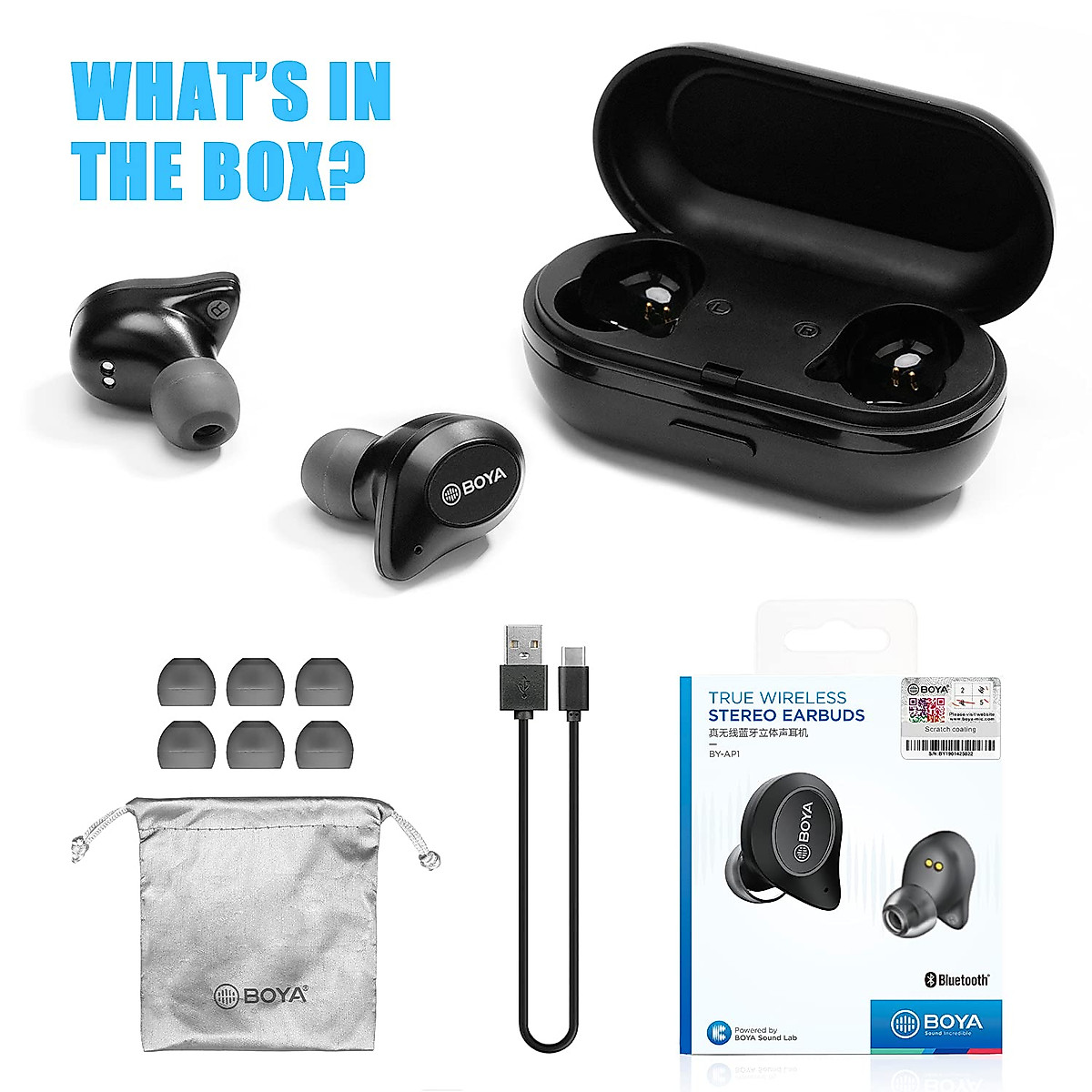 BOYA True Wireless Earbuds, Blutooth 5.0 in-Ear Earbuds Touch Control Wireless Headphone Earphone with Charging Case Built-in Microphone for Phone Calls Music Listening Sports (Black)