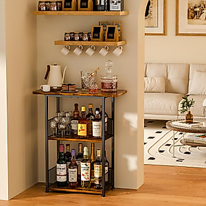 Eyteenokk Floor Standing Freestanding Whiskey Rack: 3 Tier Wine Rack Mini Bar Table Corner Wine Bottle Display Stand Liquor Cabinet Bar, for Bottles,Cocktail Shaker,Mugs