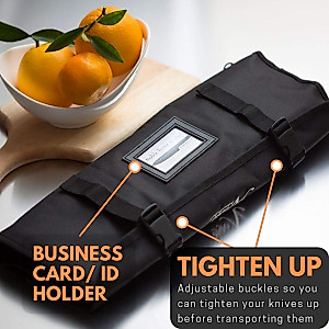 Chef’s Knife Roll Bag (14 slots) Holds 10 Knives PLUS Meat Cleaver, Utility Pocket, AND 4 Tasting Spoons! Our Durable Knife Carrier Includes Shoulder Strap and Name Card Holder. (Knives Not Included)