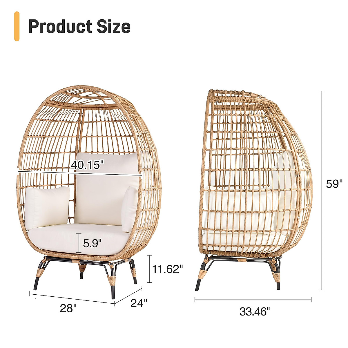 OTSUN Outdoor Egg Chair, Patio Chairs with 4 Thicken Cushions, Oversized Lounge Chairs with Durable Steel Frame, PE Wicker Chair 440 lbs Capacity, Perfect for Balcony, Backyard, Bedroom-Ivory