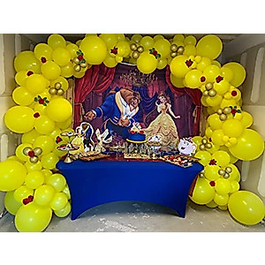 Beauty and The Beast Backdrop Palace Golden Chandelier Red Curtain Photography Background Princess Girl Baby Shower Birthday Party Studio Photo Decoration Props 5x3FT