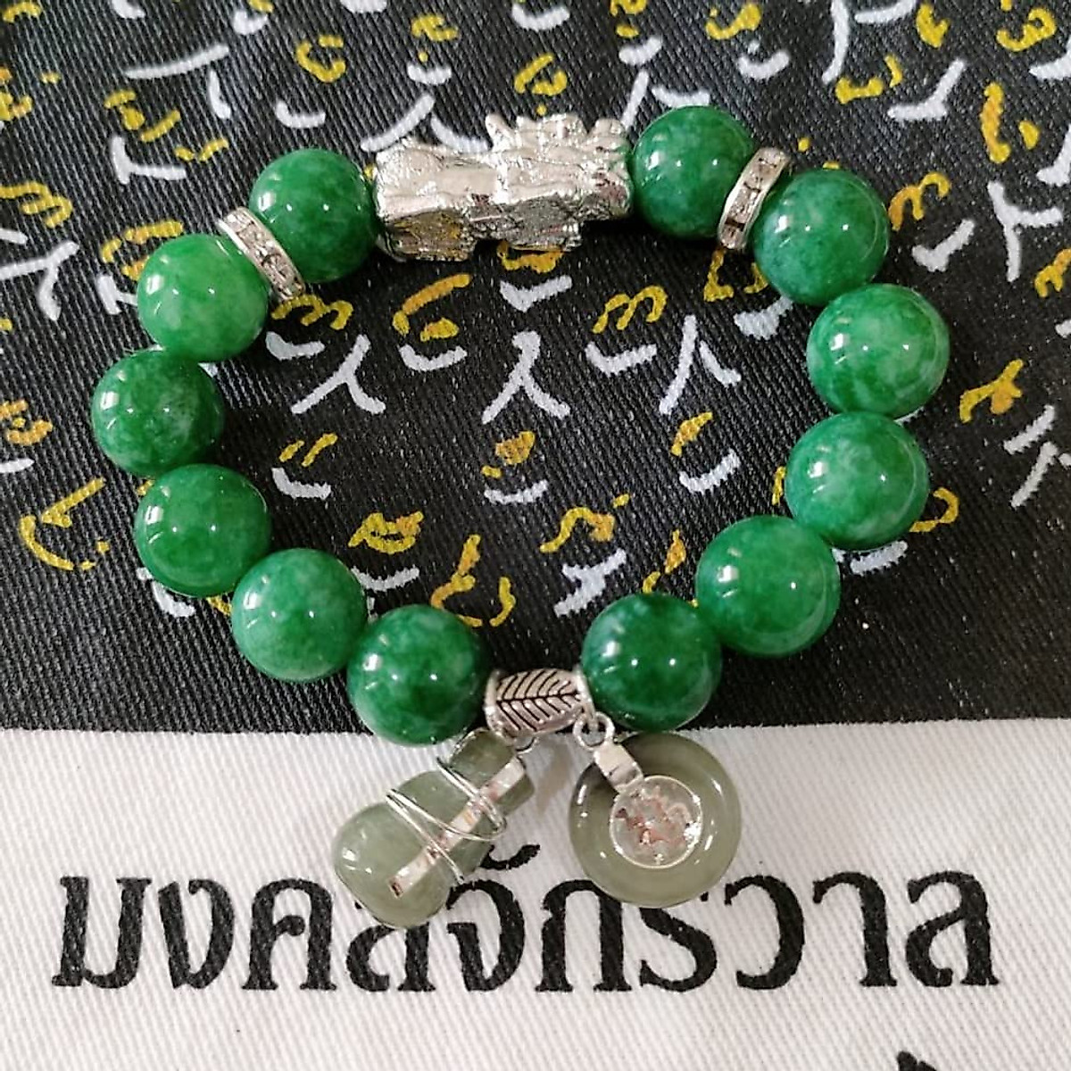 Thai Jade Bracelet Women Good Luck Ring Chain Feng Shui Bracelets Xiu Pi Yao Chinese Dragon Attract Good Luck Wealth Jewelry Adjustable Elastic PNH01456 Green/Silver/Light Green Length 6.00''
