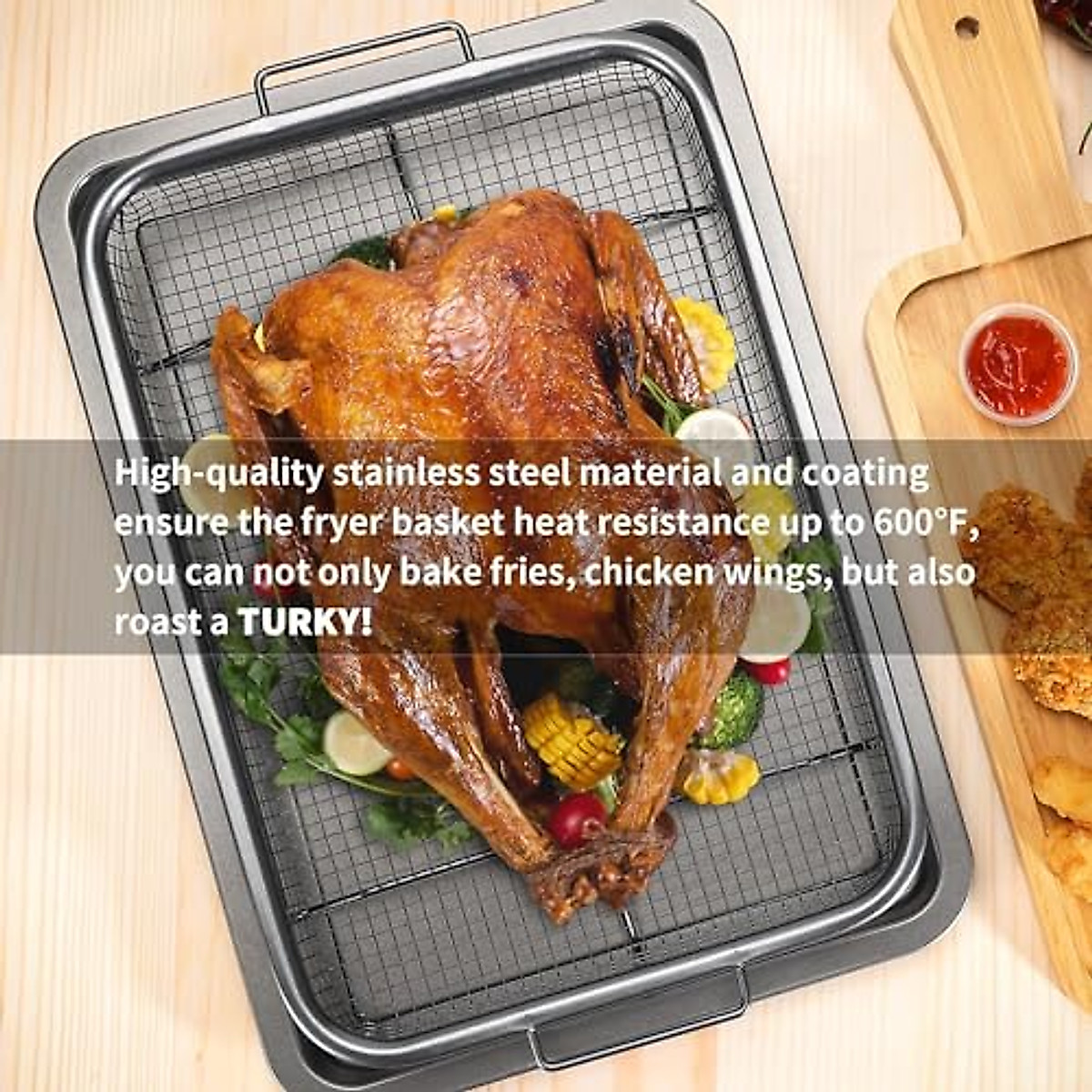 Air Fryer Basket For Oven 2 Set, 15.2 x 10.3 inch Stainless Steel Air Fryer Basket and Baking Sheet, with Non-stick Coating, For French Fried, Turky, Bacon, Chicken Wings