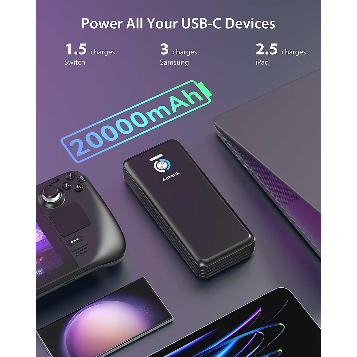 Antank Magnetic Power Bank Compatible with Steam Deck, 20000mAh 45W PD Fast 3.0 Charging Portable Battery Bank, External Battery Pack with Removable Magnetic Back Mount & Dual USB-C Cable