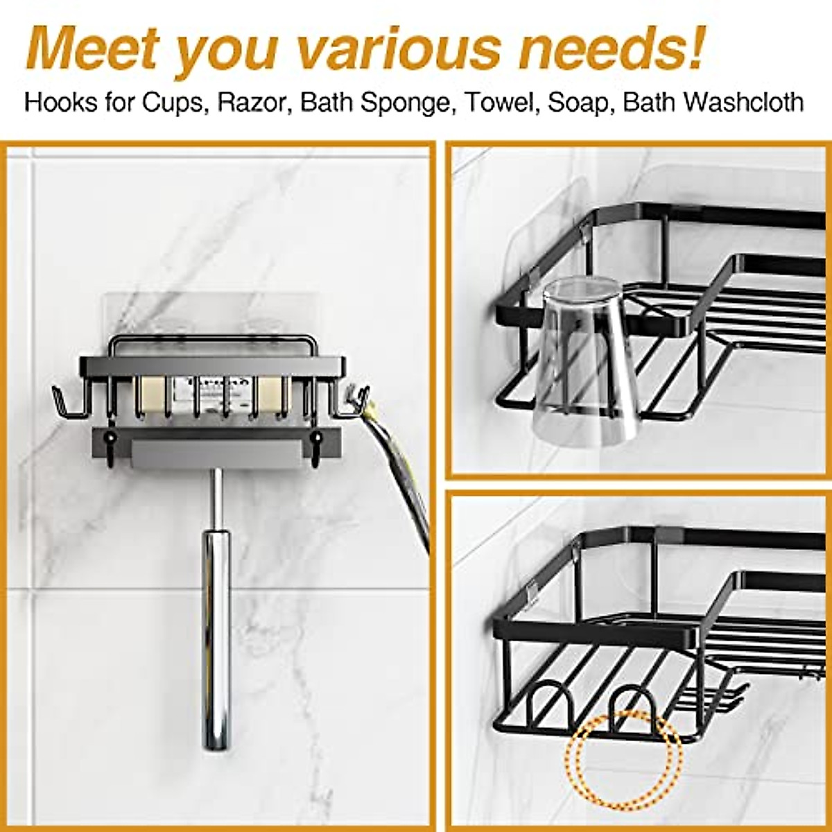 SIXDOVE 3-PACK Corner Shower Caddy- Corner Shower Shelf with 1 Soap Holder, Adhesive Shower Organizer with 18 Hooks, No Drilling Rustproof Stainless Steel Shower Rack Shelves for Bathroom & Kitchen