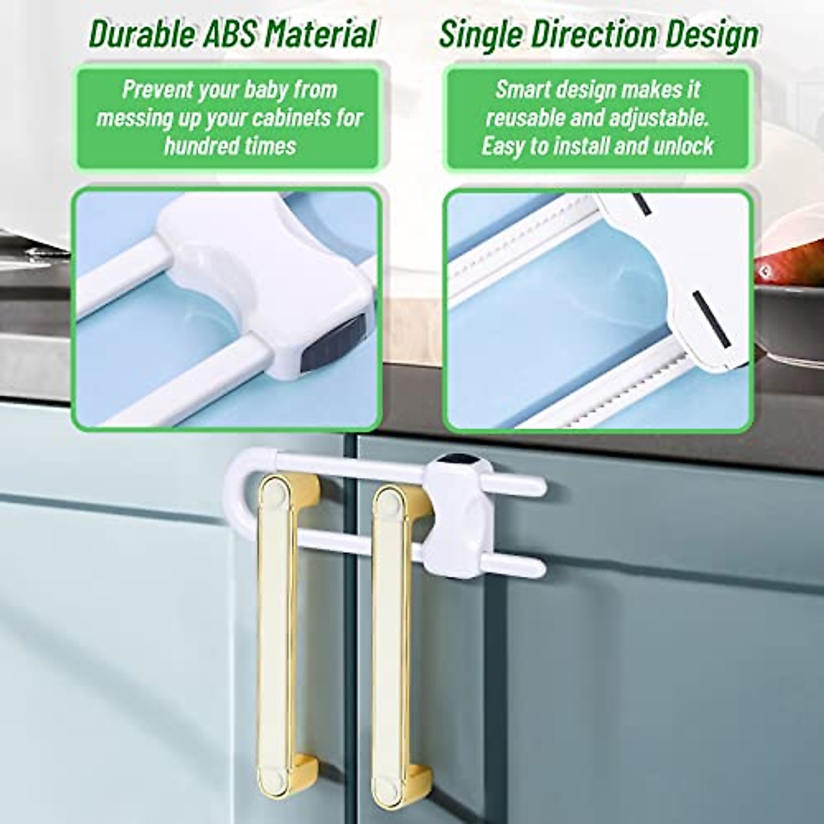 6 Packs Sliding Cabinet Locks, Modacraft Baby Proofing U-Shaped Child Safety Latches Adjustable White Locks for Handles Knobs Drawers Closet Cupboard