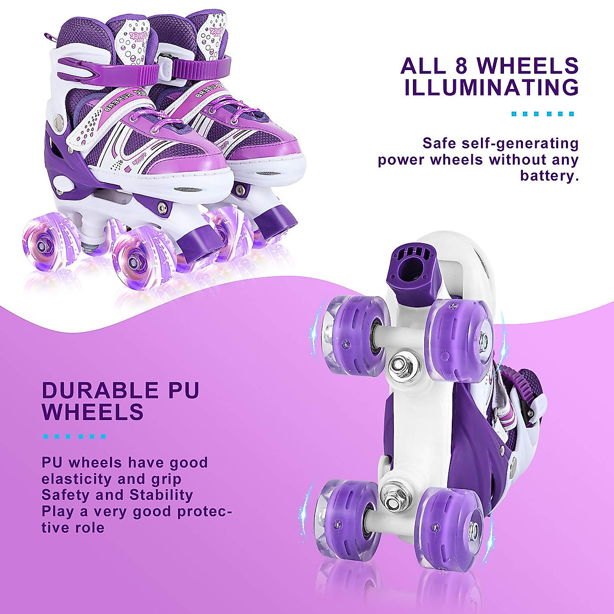 Roller Skates for Kids, Adjustable Size Double Roller Skates, with All Wheels Light up, Fun Illuminating for Girls Boys for Kids, Rollerskates for Kids Beginners, Medium（2-5）, Purple