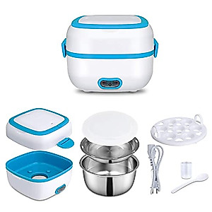 GQU Electric Lunch Box, 3 In 1 Food Heater/Cooker/Steamer with Stainless Steel Bowls, Egg Steaming Tray, Spoon, Measuring Cup for Office, School, Travel
