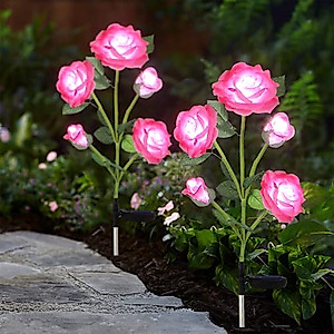 SmilingTown Solar Flower Lights Garden Decorations Outdoor Waterproof [Updated] 2 Packs 10 Pink Roses Solar Decorative Stake Lights for Patio Pathway Yard Lawn Decor Gifts