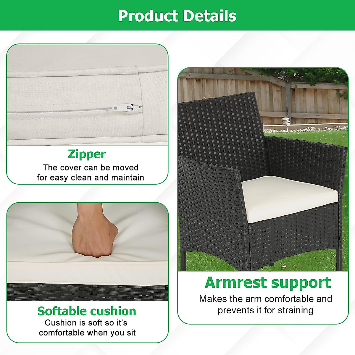 FDW Patio Furniture Sets Outdoor Wicker Bistro Set Rattan Chair Conversation Sets Garden Furniture for Yard Backyard Lawn Porch Poolside Balcony (3 Pieces, Black and Beige)