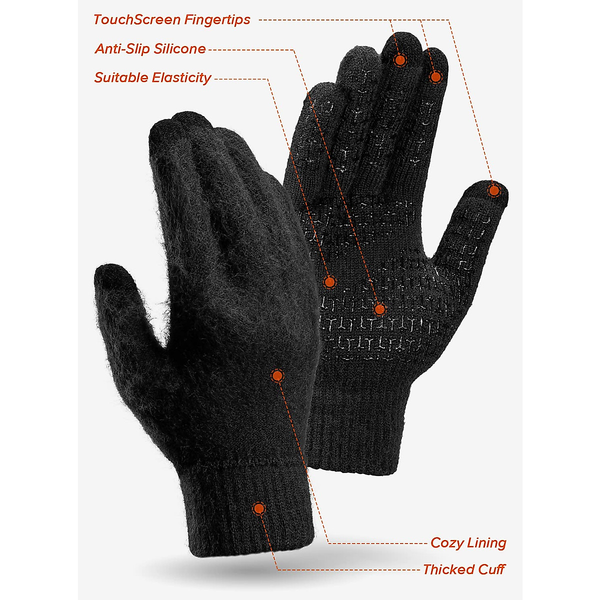 TRENDOUX Men Gloves Winter, Womens Touchscreen Glove Texting Phone Unisex - Driving Running Work - Anti-Slip Grip - Elastic Cuff - Soft Knit Material - Winter Warm Glove for Cold Hands - Black - XL
