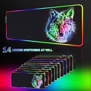 RGB Gaming Mouse Pad - 14 Light Modes Extended Computer Keyboard Mat, Anime LED Mouse Pad Large，High-Performance Mouse Pad Optimized for Gamer 31.5 X 12in (Wolf Mouse pad)