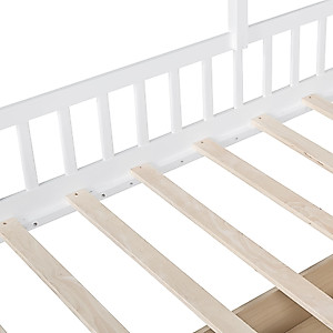 EOVTK Twin Size Kids House Bed with Upholstered Sofa, 2 Drawers and Storage Shelves, Wood Multifunctional Montessori Bed with Safety Guardrail for Boys Girls, White