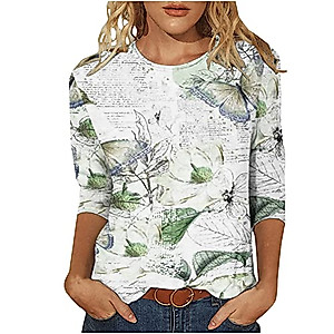 Women Plus Size Tops 3/4 Sleeve Casual Loose Fit Summer t-Shirt Floral Print Graphic Tee Shirt Pullover Blouse Cute
