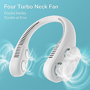 JISULIFE Four Turbo Neck Fan, Upgraded Portable Fan, Bladeless Personal Wearable Fan with USB Rechargeable, Low Noise, Strong Leafless Hand Free Fan Gift for Outdoor, Camping - Grey