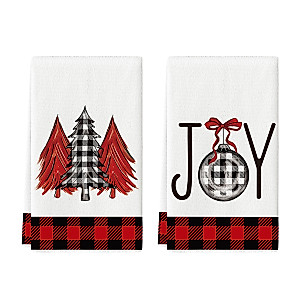 Artoid Mode Red Buffalo Plaid Xmas Trees Joy Christmas Kitchen Towels Dish Towels, 18x26 Inch Daily Winter Decoration Hand Towels Set of 2