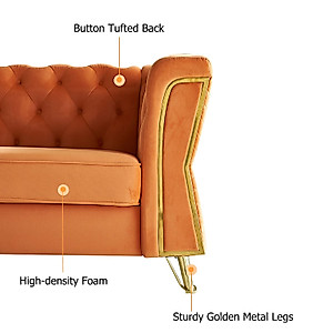Vensico Modern Velvet Sofa Couch for Living Room, 87.4 Inch Long Tufted Sofa Unique Upholstered Couch Oversized Sofa Decor Furniture with Golden Metal Legs (Orange)