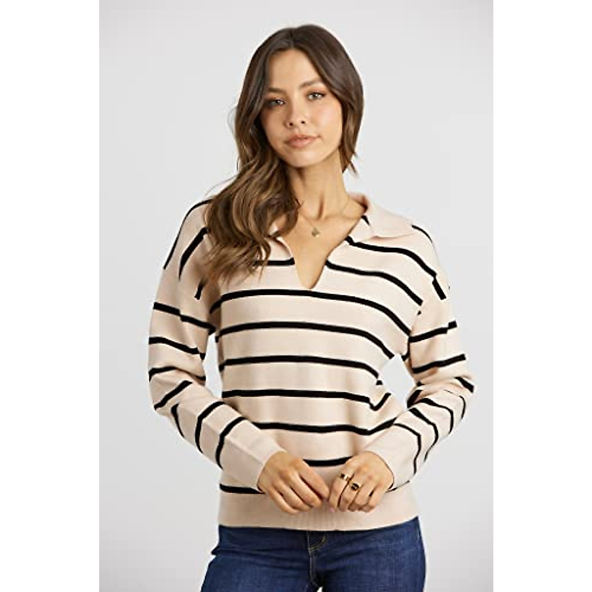 CFLONGE Women's Fall Winter Casual Breton Striped Long Sleeve Polo V Neck Pullover Sweater Loose Fit Drop Shoulder Knitted Shirts Tops(Small,Apricot)